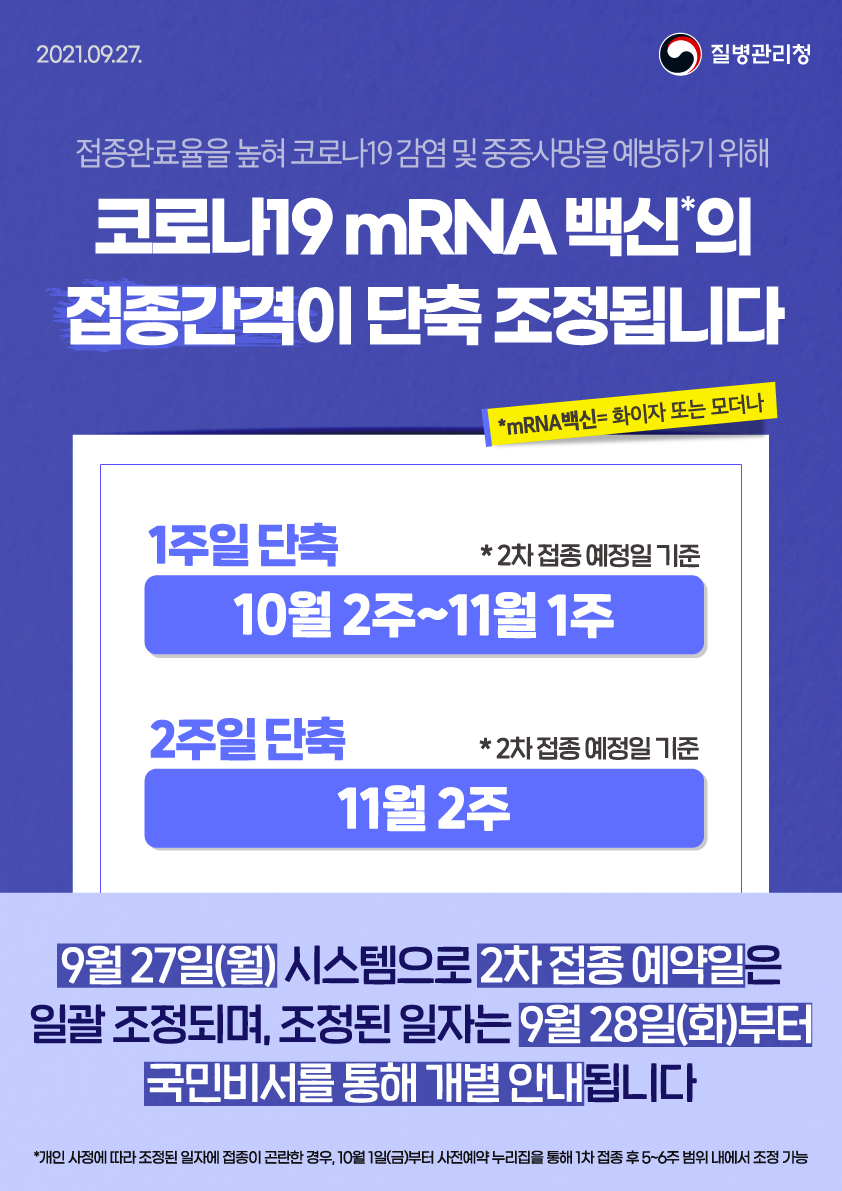코로나19 Mrna백신의 접종간격이 단축 조정됩니다 홍보지 홍보자료 알림·자료 질병관리청